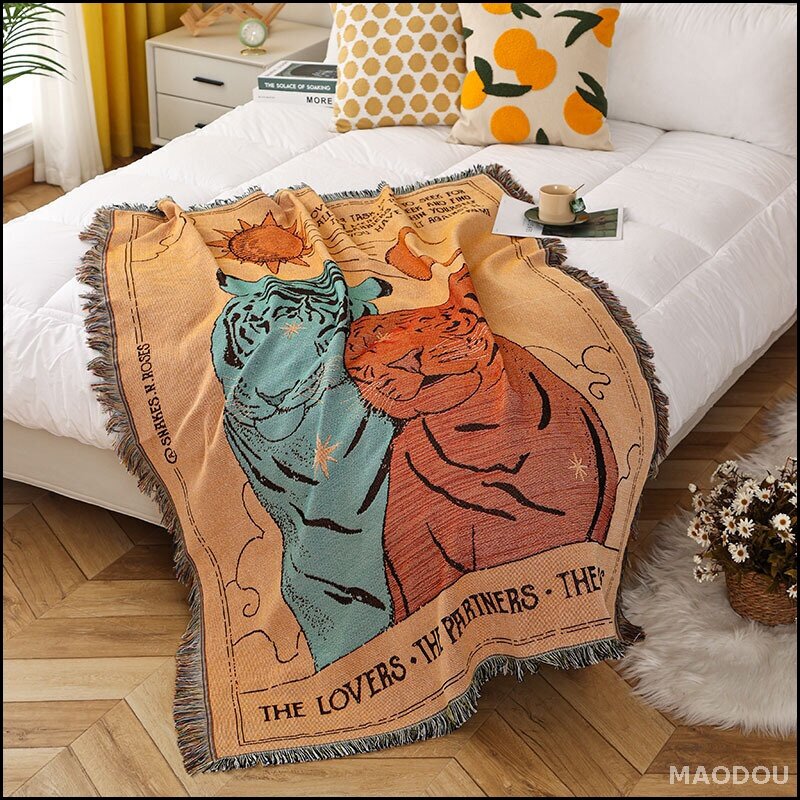 Одеяло "Два Тигра", гобеленовый узор, хлопок, 130 см x 160 см