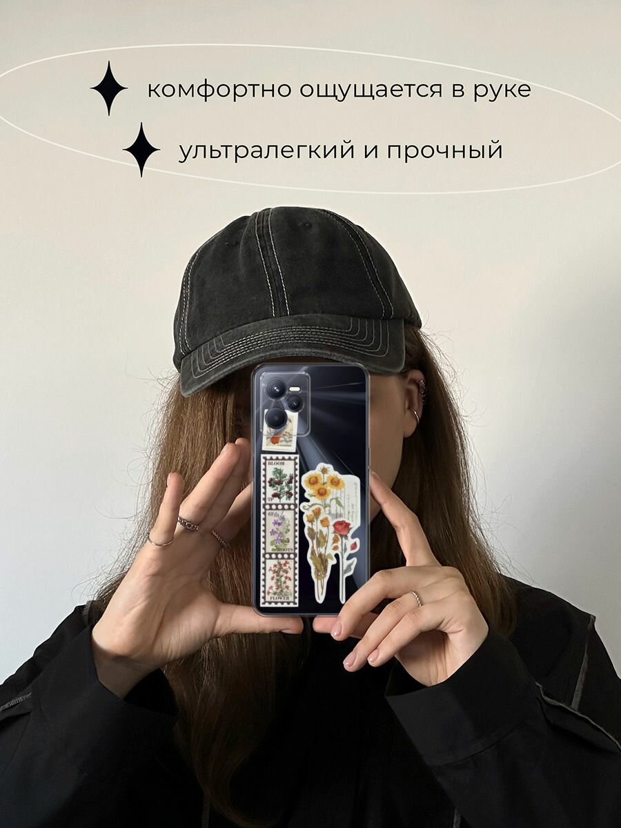 Силиконовый чехол на Realme C35 / Реалми C35 с принтом Марки с цветами — фото 1