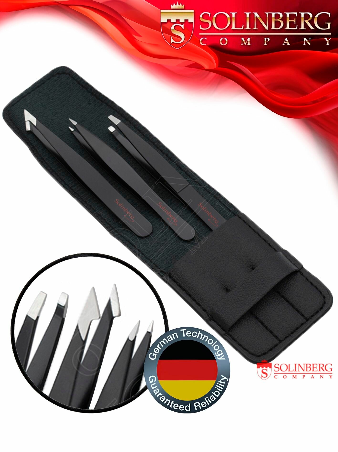 Пинцеты для бровей и ресниц Solinberg, набор: прямой, скошенный и тонкий