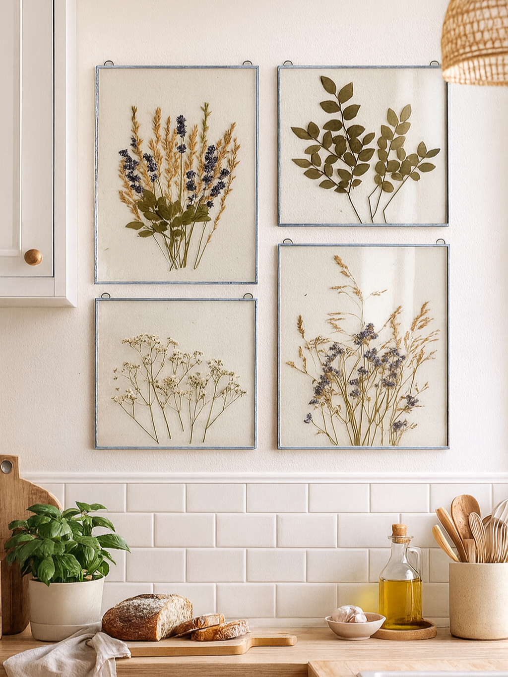 Набор из 4 панно с сухоцветами в серебристой рамке гербарий между стеклом, ботанический декор ручной работы для интерьера