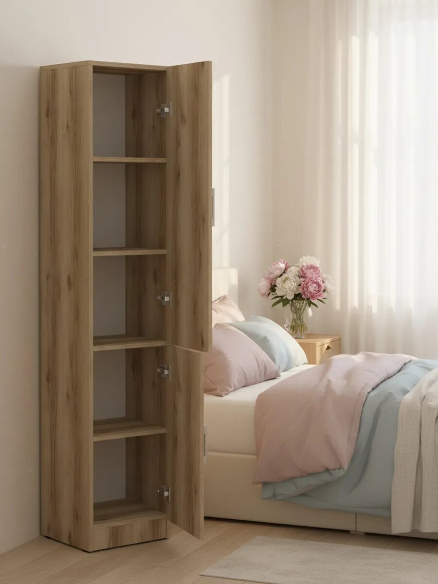 Шкаф пенал FRESTER распашной деревянный для одежды с полками, от производителя