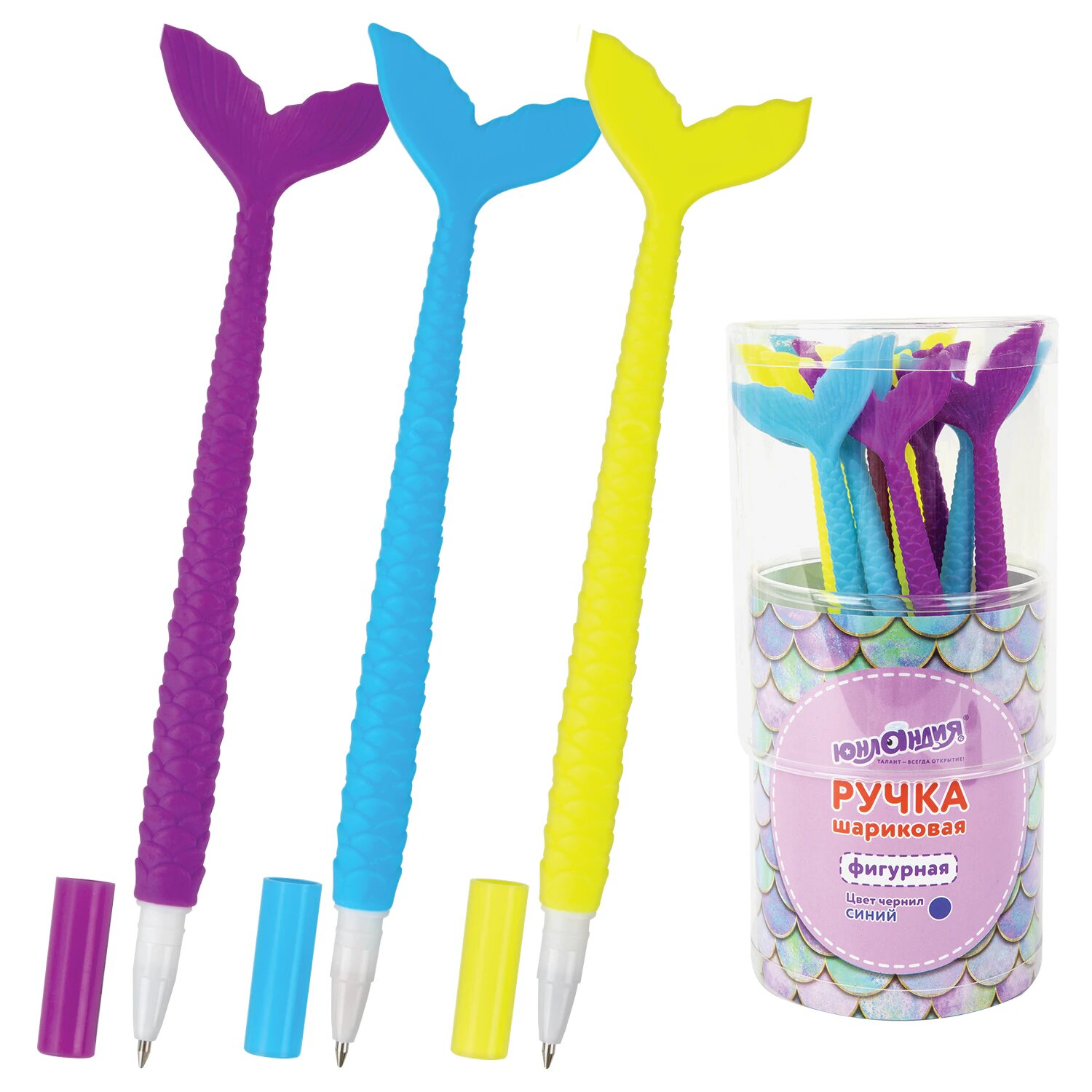 Ручка фигурная шариковая юнландия "Русалка", мягкий силиконовый корпус, ассорти, синяя, пишущий узел 0,7 мм, 143777 (цена только за 1 шт.)