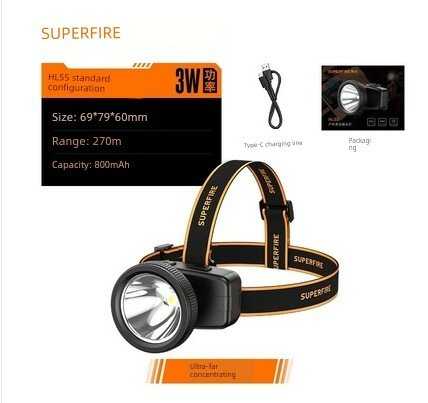 Фонарь Supfire HL55, боковой, яркий, 3000 Лм, LED, перезаряжаемый, с АКБ