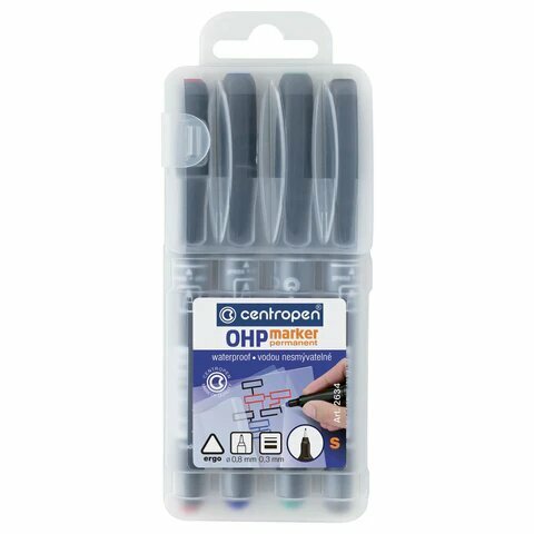 Маркеры перманентные для любой гладкой поверхности 4 цвета CENTROPEN "OHP", 0.3 мм, 2, 626340401