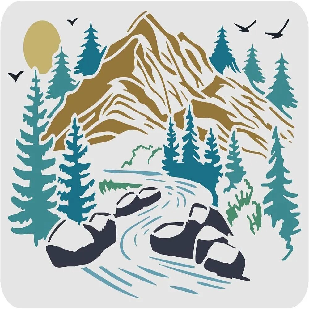 1 шт. трафареты с изображением гор, 29,7 x 21 см, пластиковые трафареты для рисования долин и сосен, узоры для стен с изображением реки, солнца, птиц