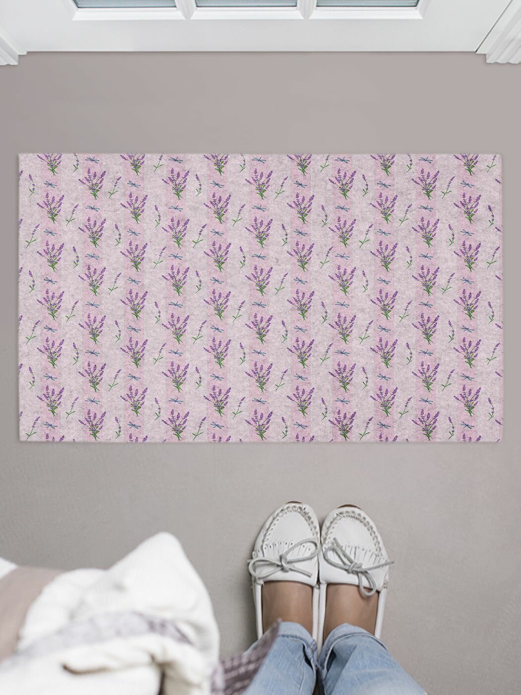 Коврик придверный в прихожую с принтом "Стрекоза в лаванде" 45 на 75 см , JoyArty