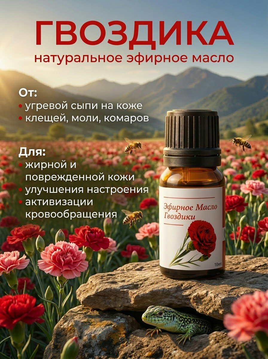 Эфирное натуральное масло Гвоздика , 10 мл, флакон темное стекло с капельницей
