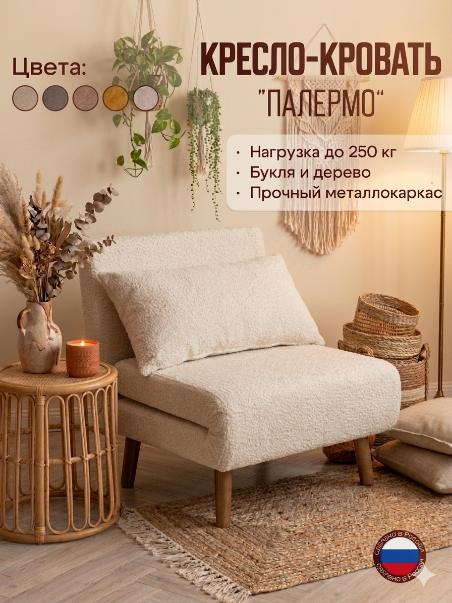 Кресло-кровать ARCA Палермо, белое, букле, деревянные ножки, 80x83 см