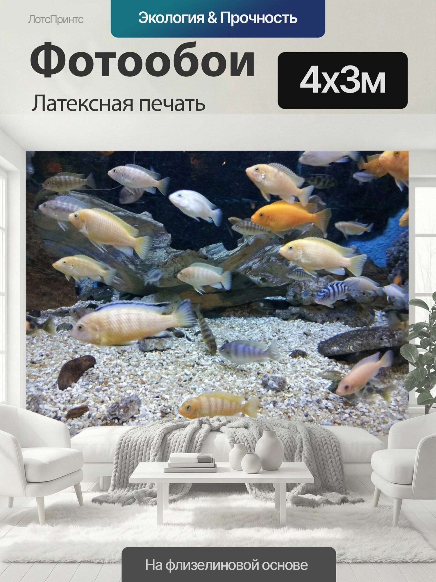 Фотообои моющиеся ударопрочные "Аквариум, рыба, декоративная рыба" 400x300 см. латексная печать