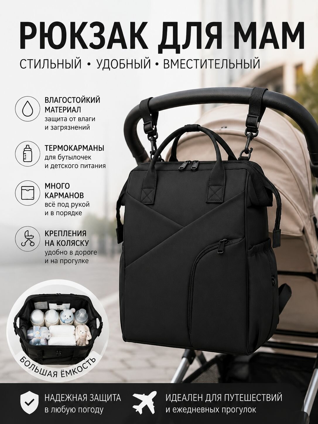Рюкзак для мамы с креплением на коляску, водонепроницаемый, вместительный, термокарманы, органайзер для мамы и малыша