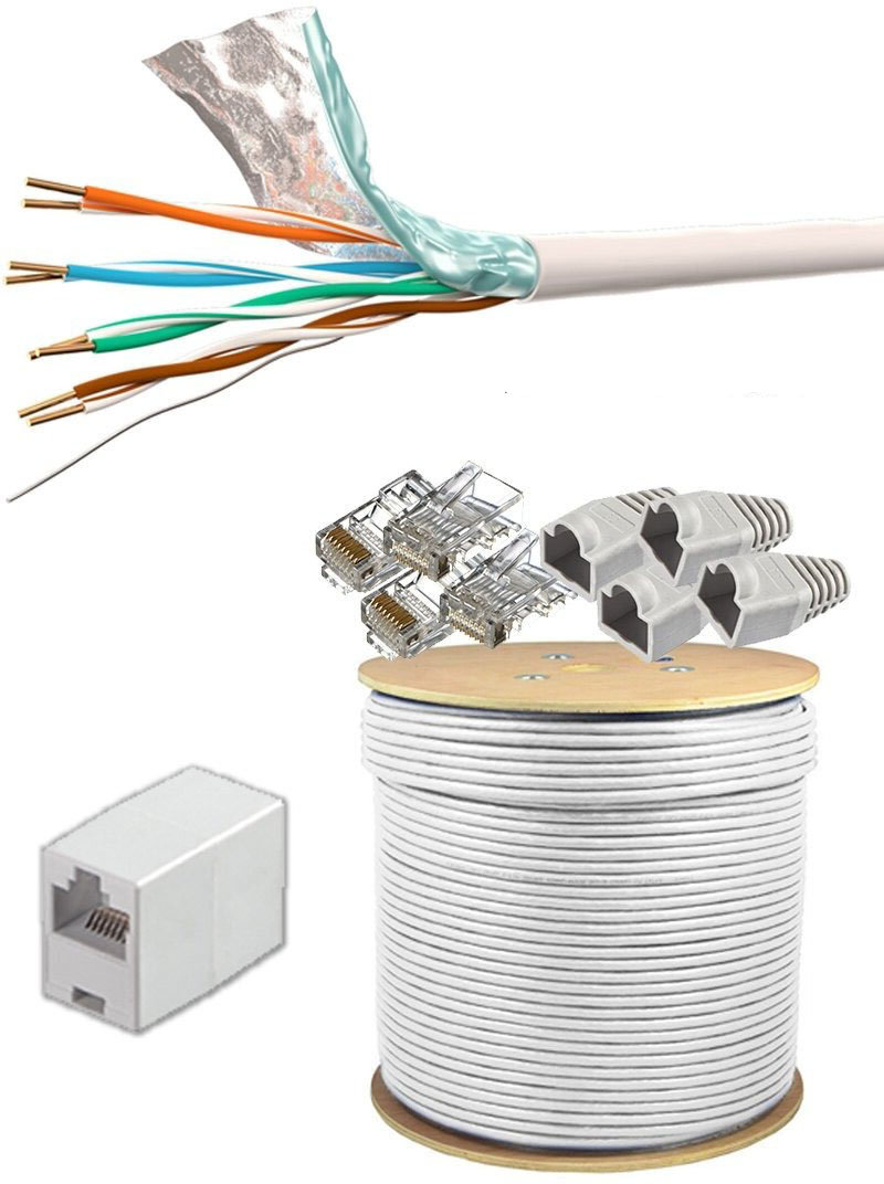 Кабель FTP4 cat.5е, одножильный / экранированный / медный с коннекторами RJ45, колпачками RJ45 и модулем соединительным RJ-45, 30 метров