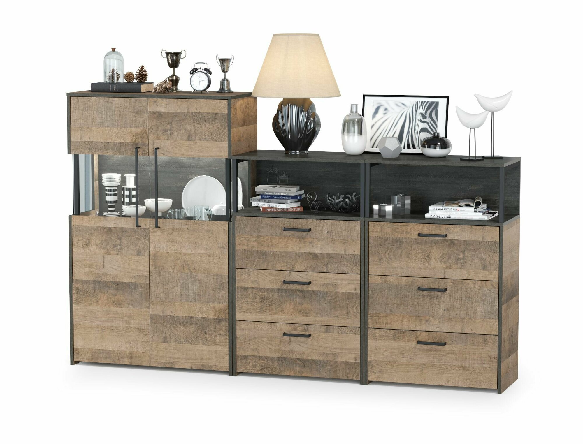 Комод с витриной с подсветкой с двумя комодами с ящиками Трувор, цвет дуб гранж песочный/интра, ШхГхВ 217,8х37х135,3 см.