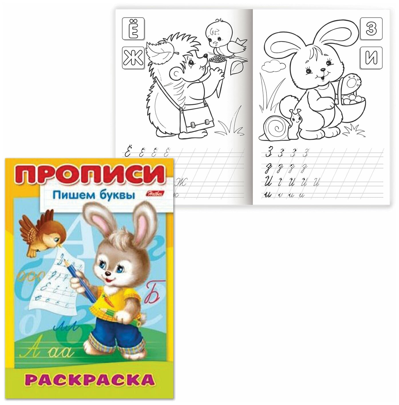 Книжка-раскраска А4, 8 л. HATBER, Прописи-Буквы, «Зайчик», 8Р4 10920