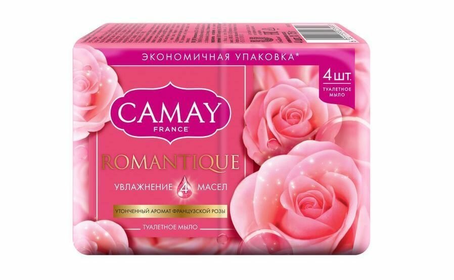 Camay Мыло туалетное Романтик с ароматом французской розы, 4х75 г
