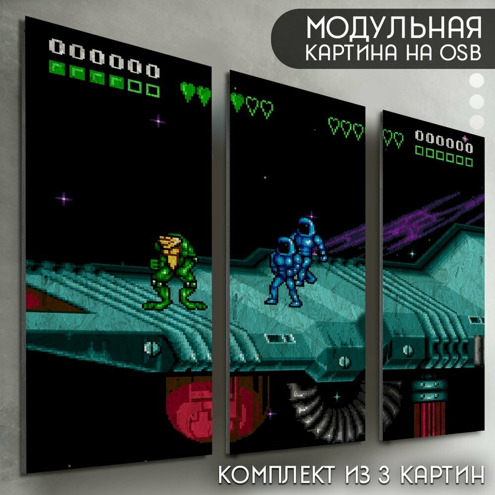 Модульная картина на рельефной доске ОСП "Игры Battletoads (Жабы, Пиксели, Ностальгия Sega, Сега, 16 bit, 16 бит, ретро приставка) - 6025"
