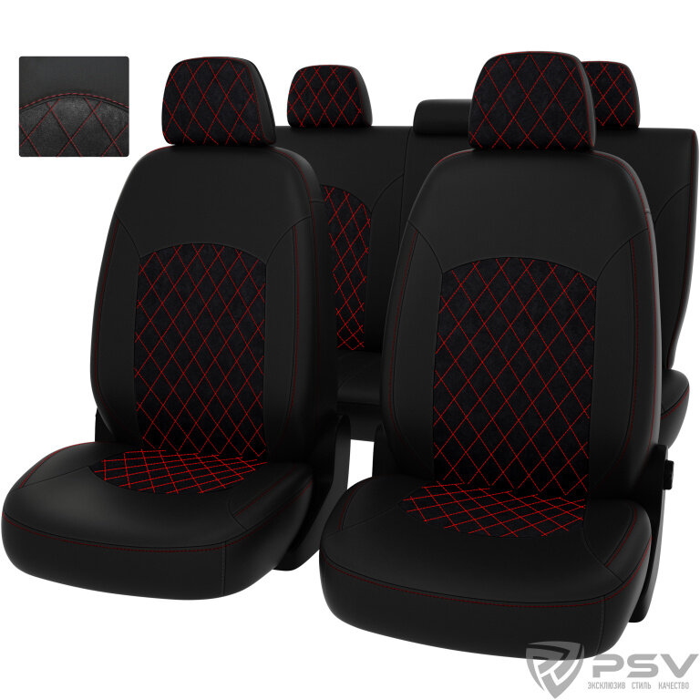 Чехлы на сиденья PSV, черные, отстрочка красная на Volkswagen Polo 2009-2020, седан