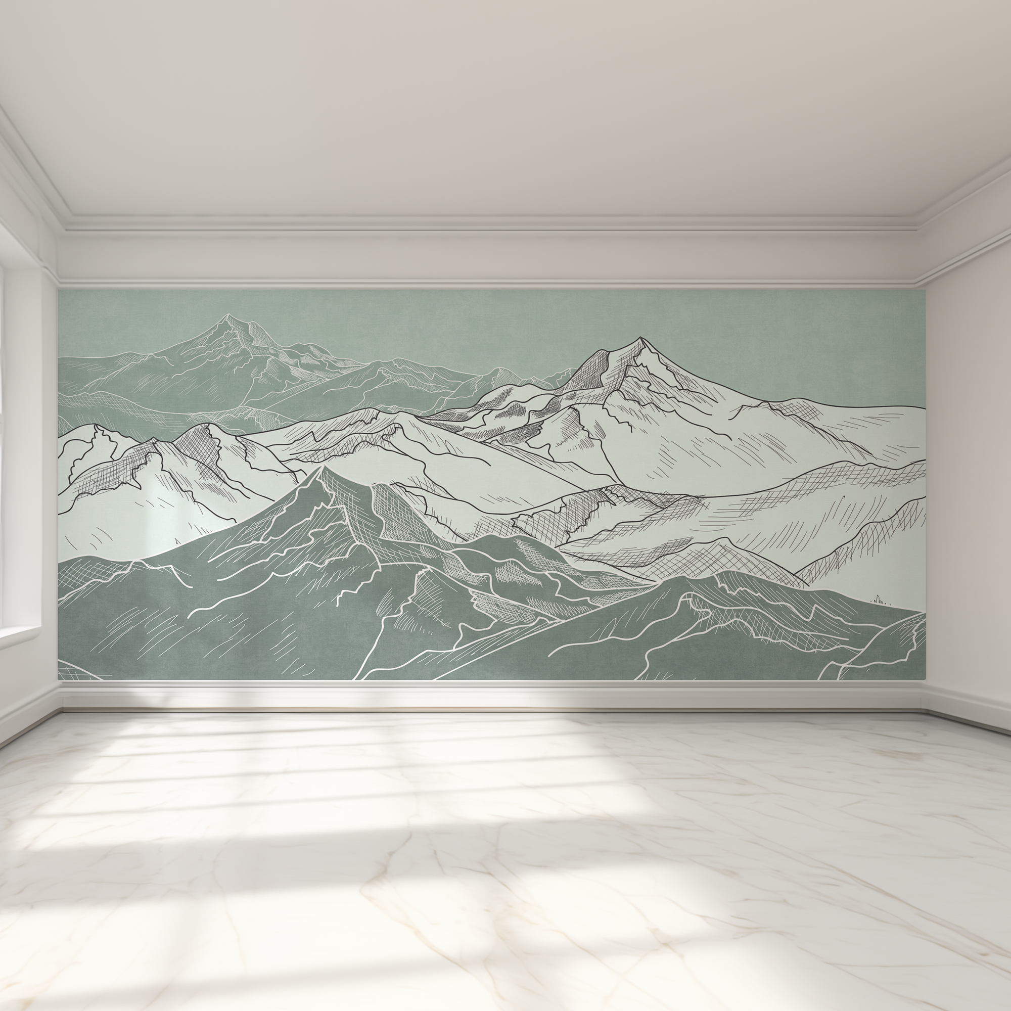 Фотообои 3д на стену "Графичные горы (фисташкоовые)", флизелиновые 600х270 см на кухню, спальню, зал