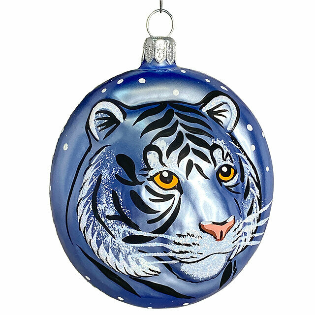 Елочное украшение-медальон Тигр - Достопочтенный Корнелиус 8 см голубой, стекло, подвеска, Фабрика Елочка, С1276-тигр-гол
