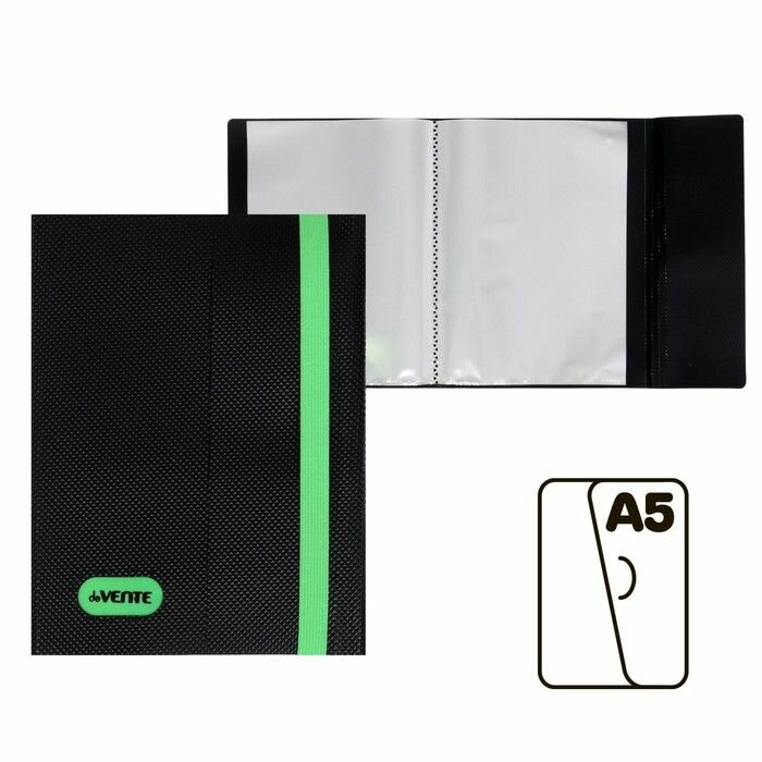 Папка с вкладышами deVENTE 20 А5 "Monochrome" черная с неон зеленым, вертикальная резинка (3101929)