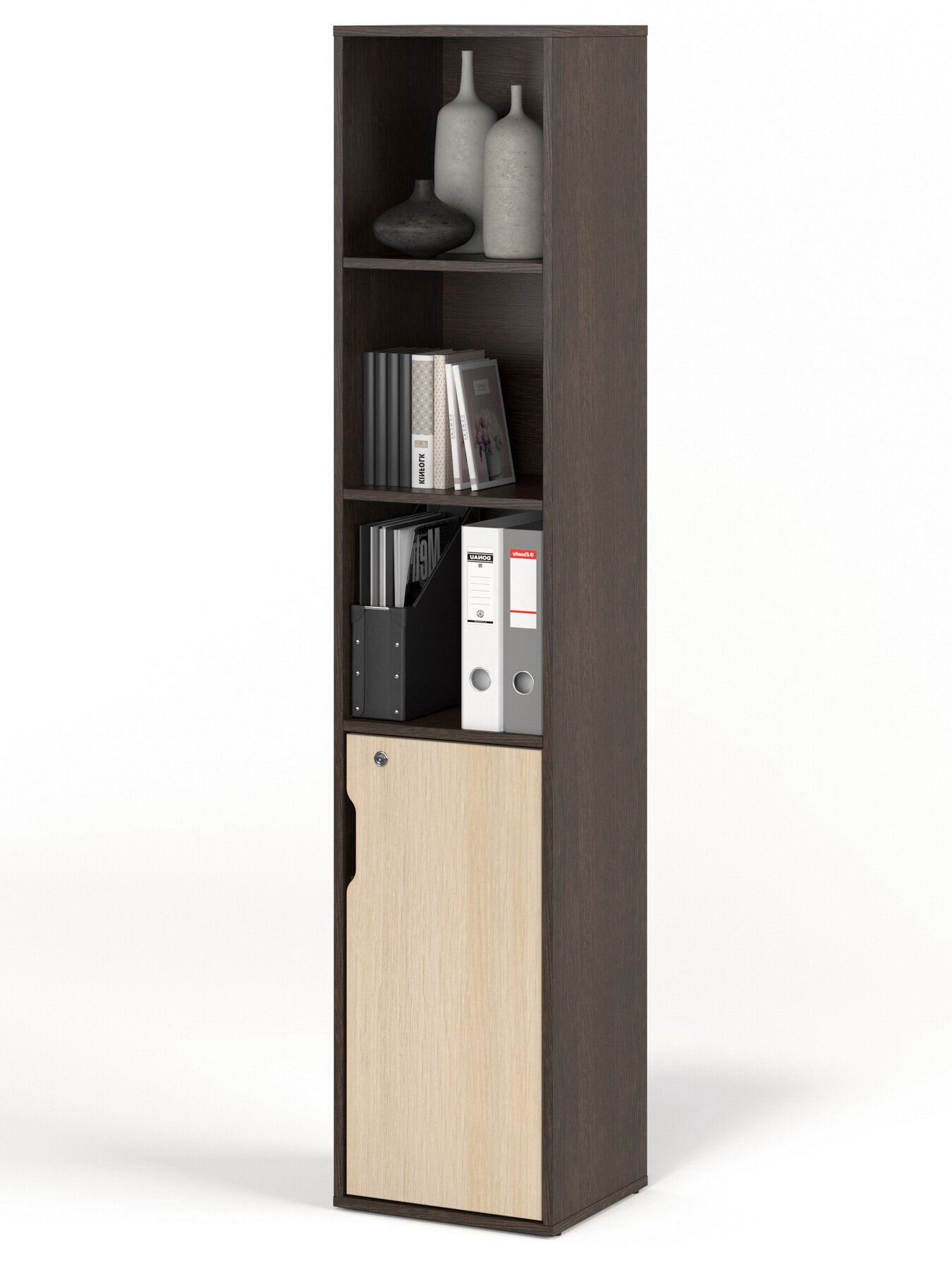 Стеллаж БАНГА-25 правый Венге - Дуб молочный, с дверкой и отрытой полкой, (ВхШхГ) 177,2х36,8х32,6 см, ЛДСП