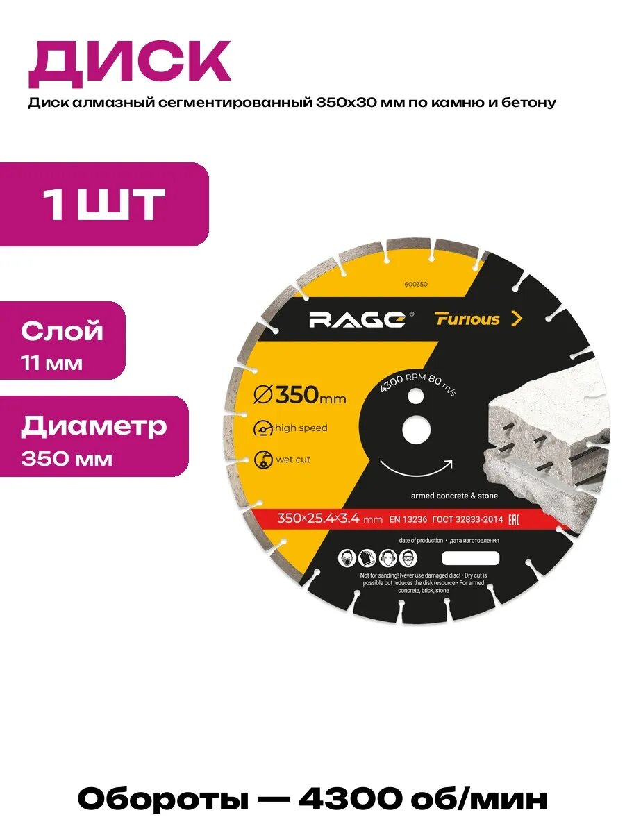 Диск алмазный Furious 350х3.4х30 мм для резки камня и бетона