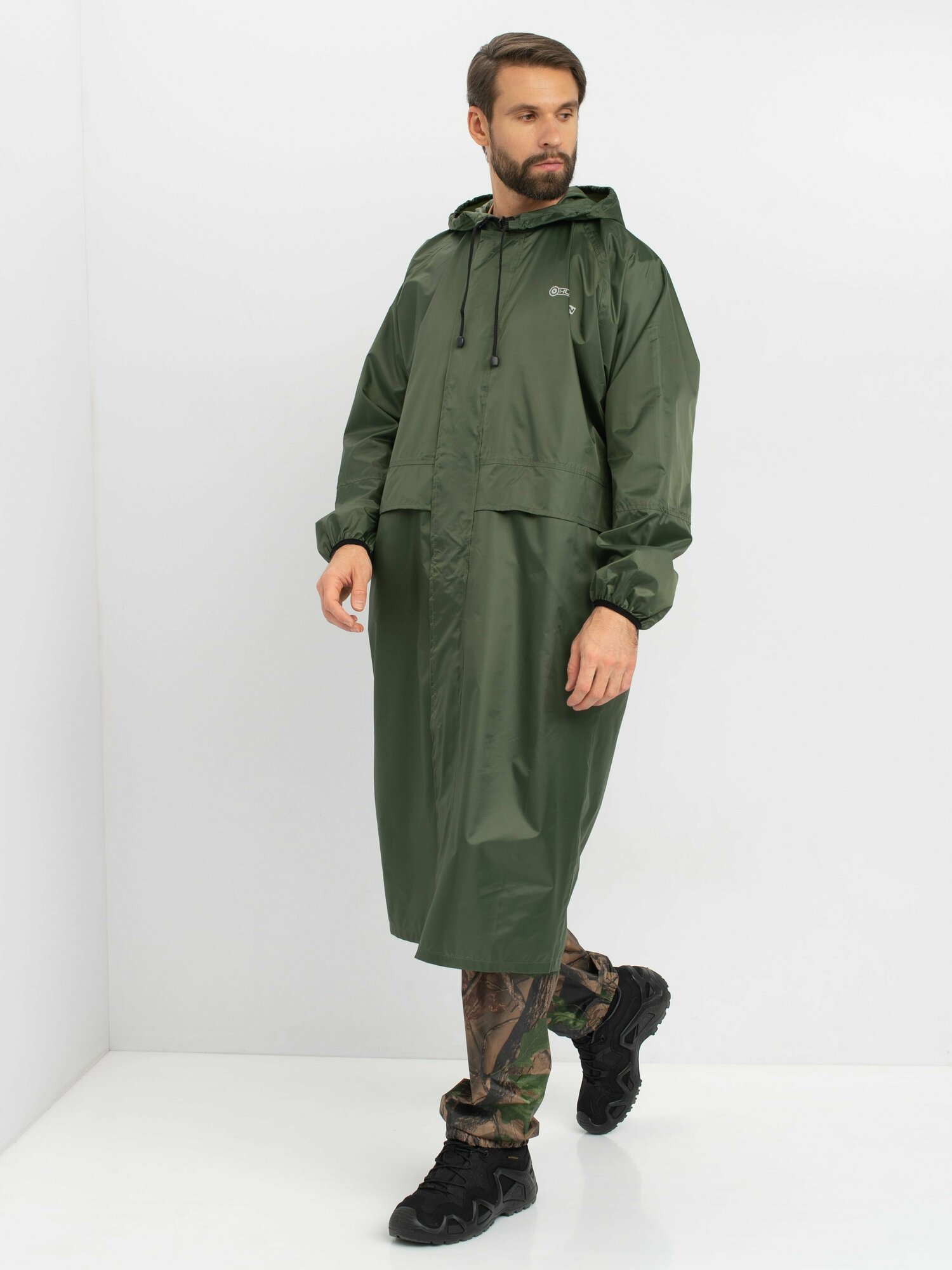 Плащ-дождевик с капюшоном мужской Huntsman ВВЗ для рыбалки, охоты, непромокаемый, ткань таффета PVC 20000, цвет зеленый (р. 52-54/182)