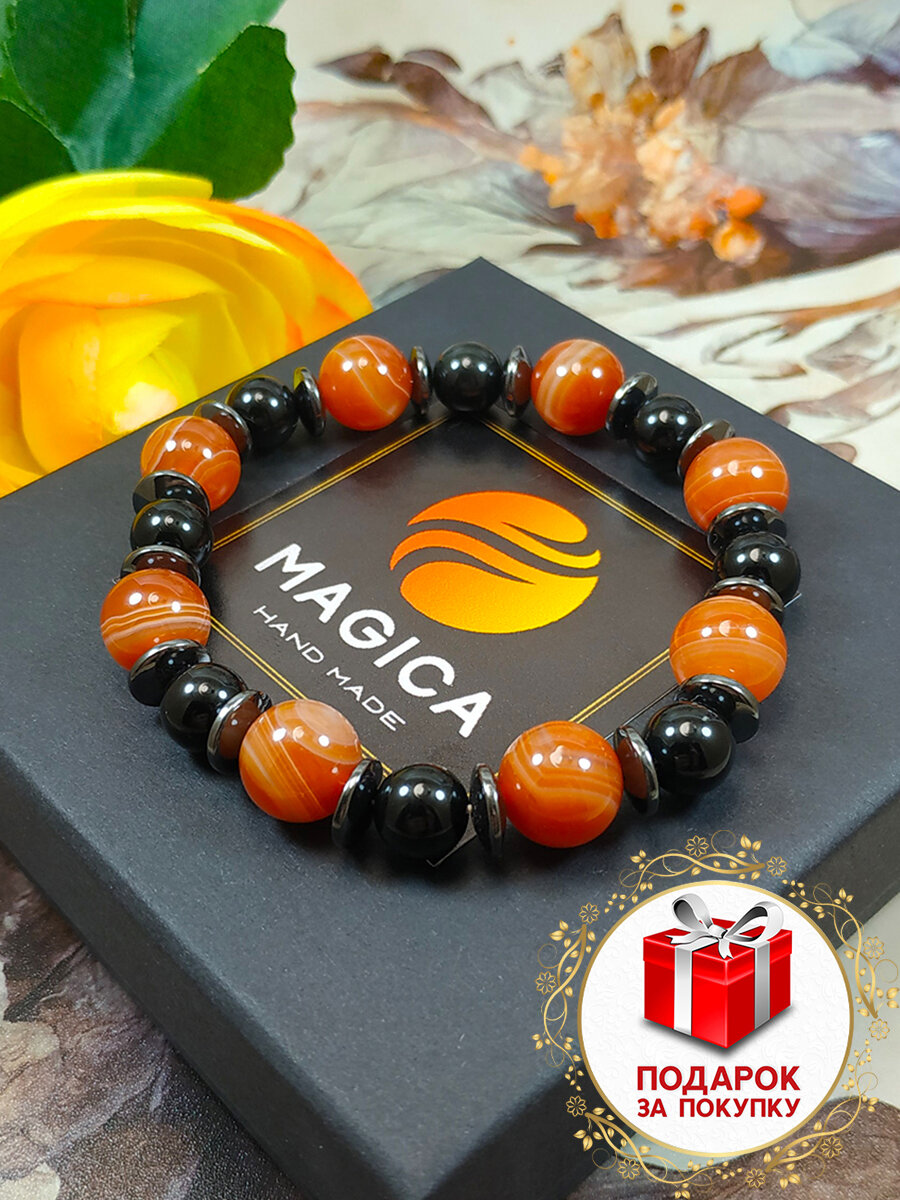 Браслет, гематит, сердолик, обсидиан