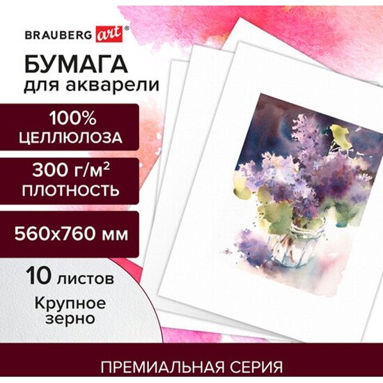 Бумага для акварели Brauberg 300 г/м2 560x760 мм крупное зерно, 10 листов, ART PREMIERE, 113239