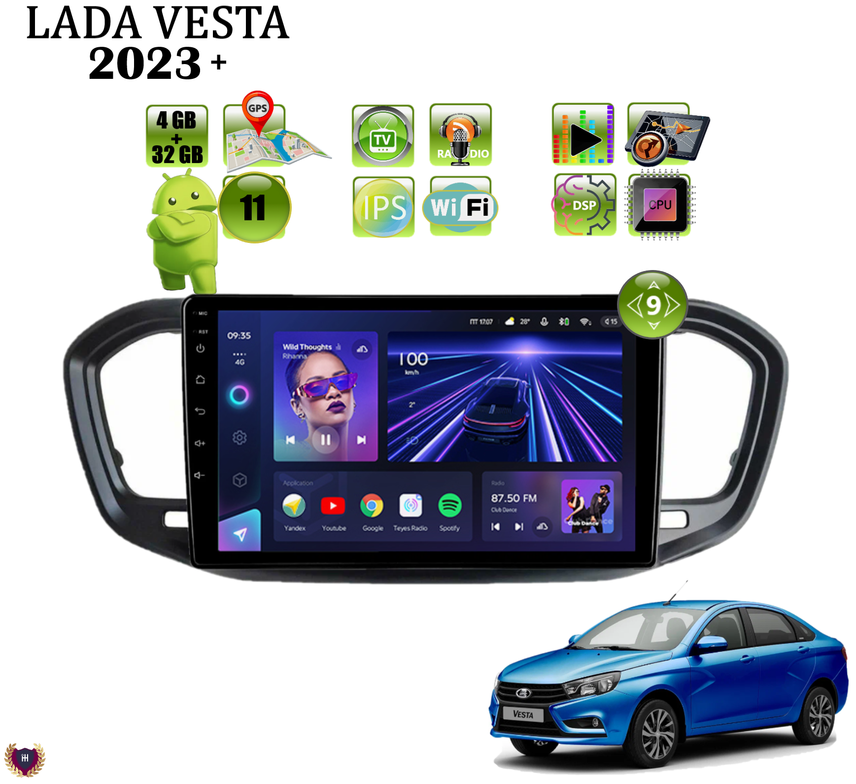 Автомагнитола для Lada Vesta (2023 +), Android 11, 4/32 Gb, CarPlay, Wi-Fi, GPS, IPS, Bluetooth, сенсорные кнопки, разделение экрана, поддержка кнопок на руле
