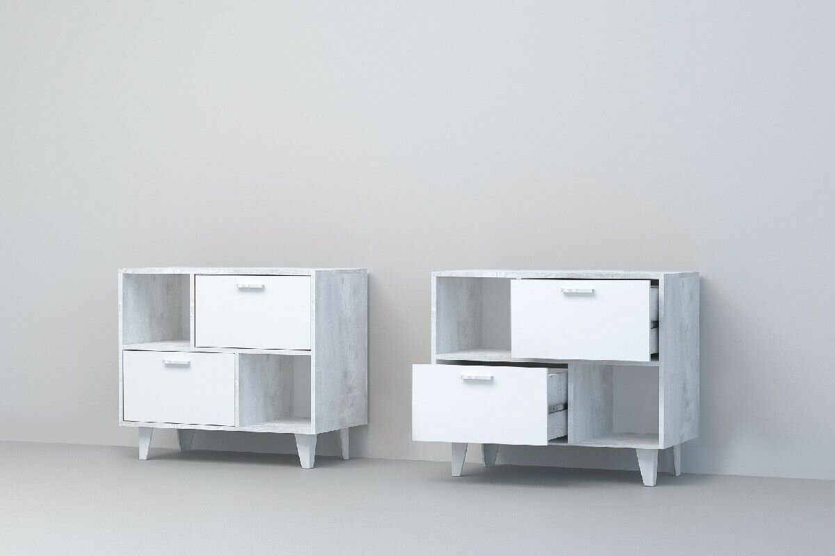 Тумба "ЭГО" Т-1 (НГ) Бетон Светлый/Белый Глянец, с ящиками, Материал фасада ЛДСП