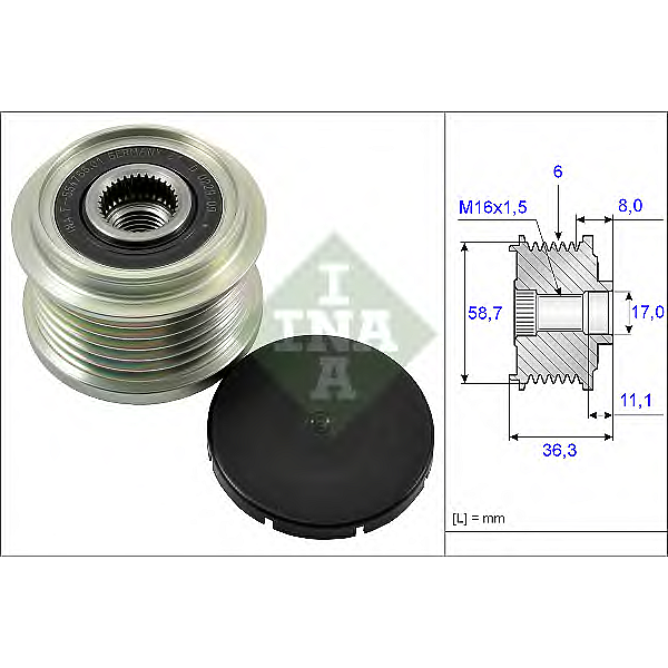 INA 535 0160 10 (0381455 / 1112719 / 14308) шкив генератора\ Citroen (Ситроен) Jumper (Джампер) 2.2hdi 06, Ford (Форд)