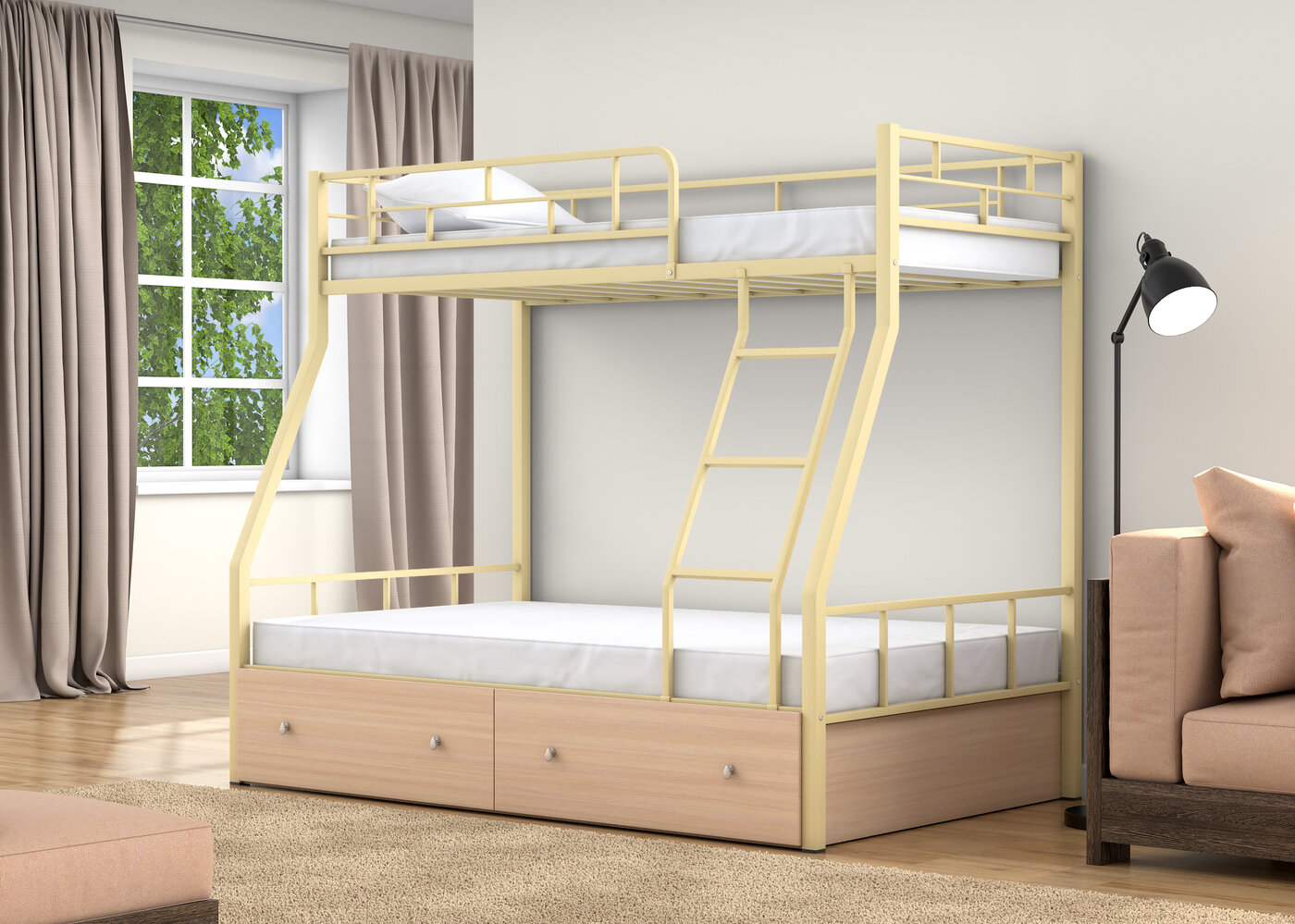 Двухъярусная кровать Раута Слоновая кость ящики дуб молочный