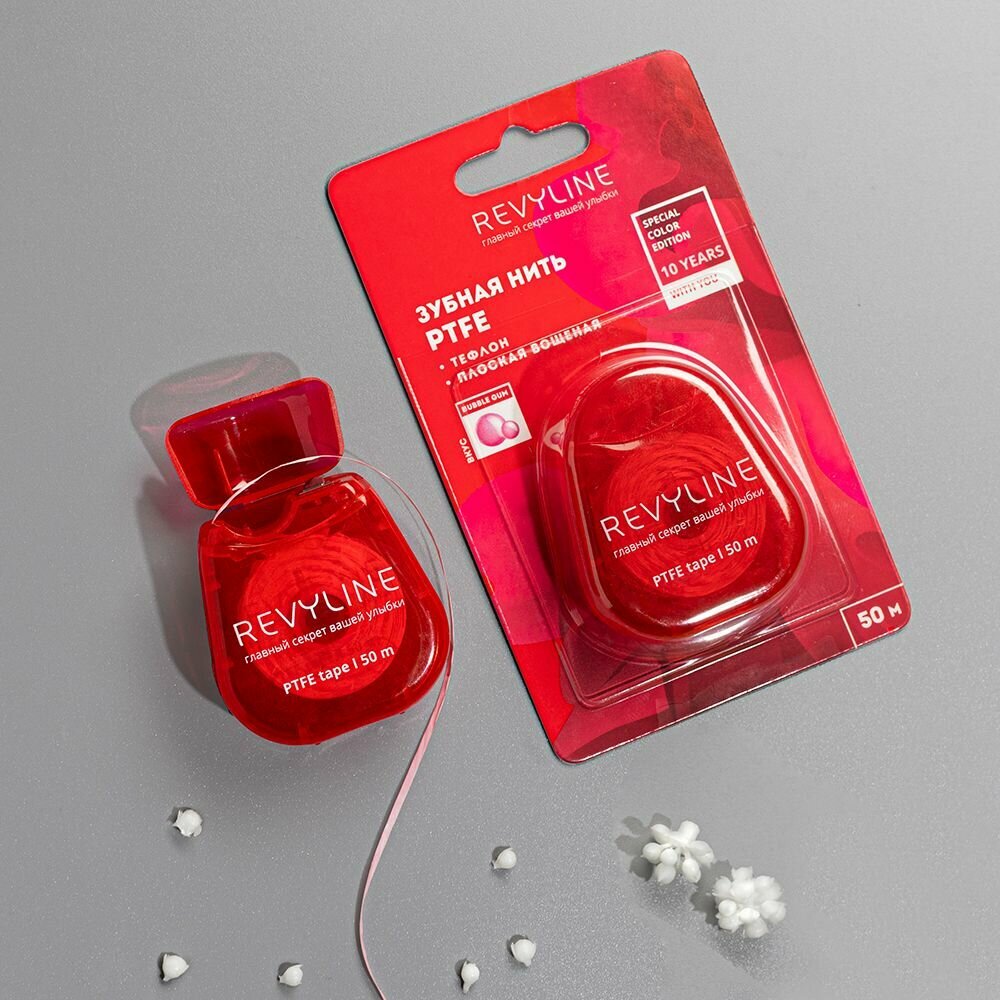 Зубная нить Revyline PTFE (тефлон) Viva Magenta, красная, с ароматом бабл гам, вощеная, 50м