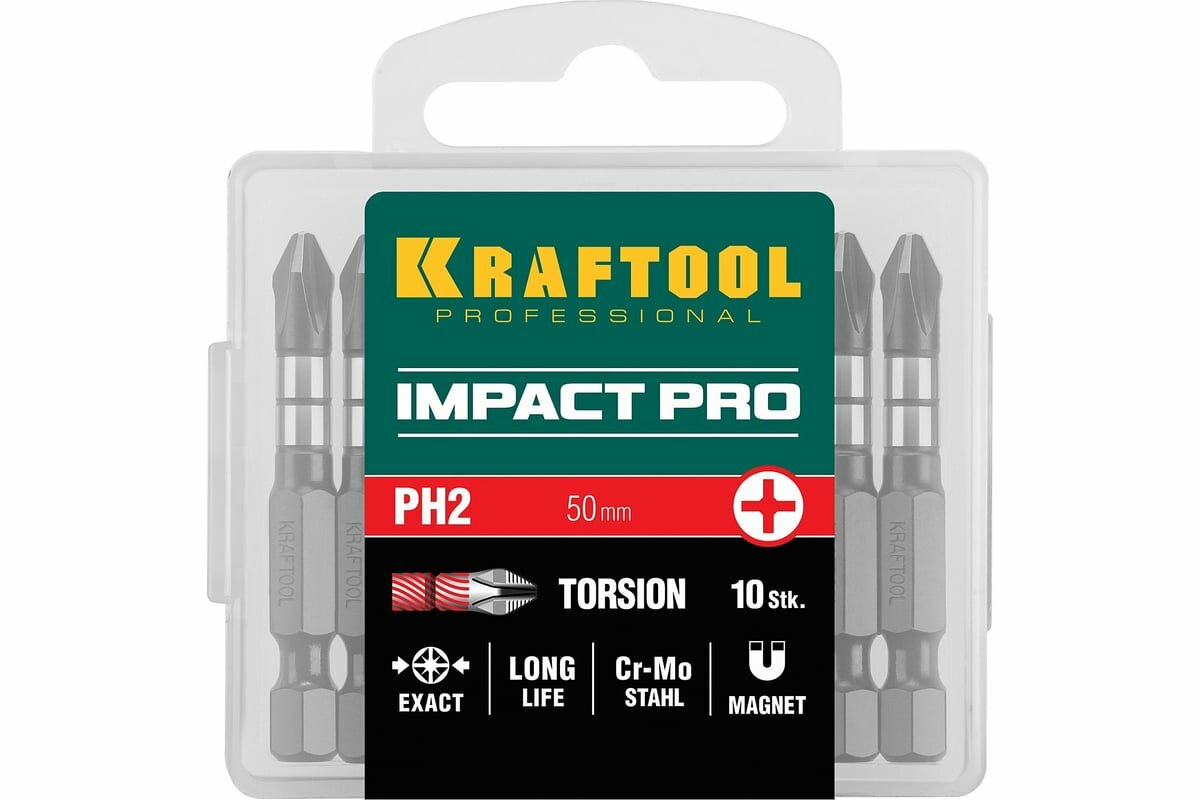 KRAFTOOL Impact Pro E Набор ударных бит PH2 1/4' 50 мм, 10 шт 26191-2-50-S10