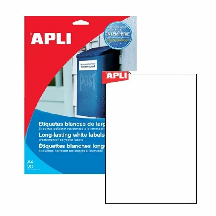 Этикетки всепогодные полиэстерные APLI, А4, прямоугольные, белые, 210*297 мм, 20 шт.