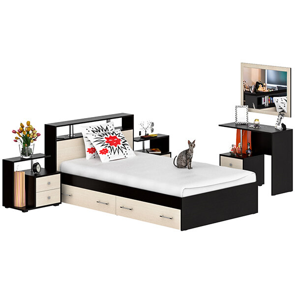 Спальня Мори № 13 Кровать с ящиками 1200 + Две тумбы + Стол косметич. + Зеркало, цвет венге/дуб лоредо, сп. м. 1200х2000 мм, б/м, основание есть