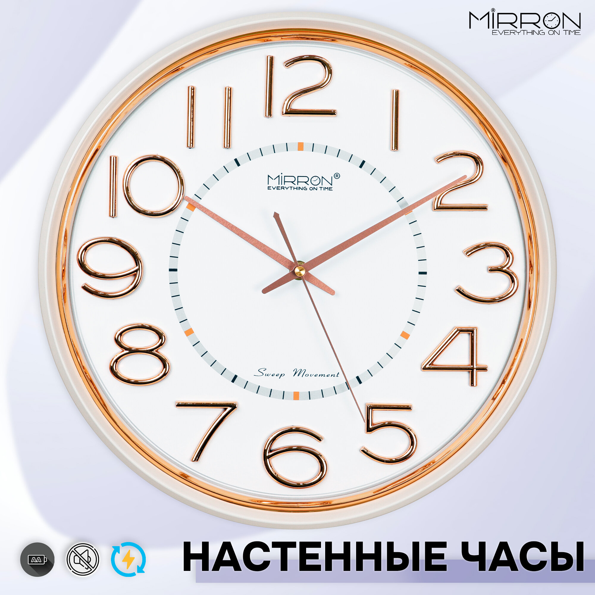 Настенные кварцевые часы MIRRON M577B БПБ/Большие круглые часы/36 см/Минималистичные часы/Белый цвет корпуса/Белый циферблат циферблат/Накладные цифры/Бесшумный плавный механизм