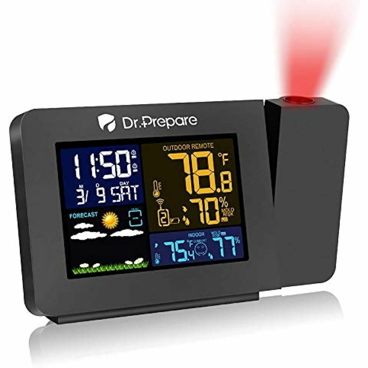 Проекционный будильник, цифровая метеостанция и наружный датчик, отображение температуры в помещении и на улице, прогноз погоды, для спальни, офиса