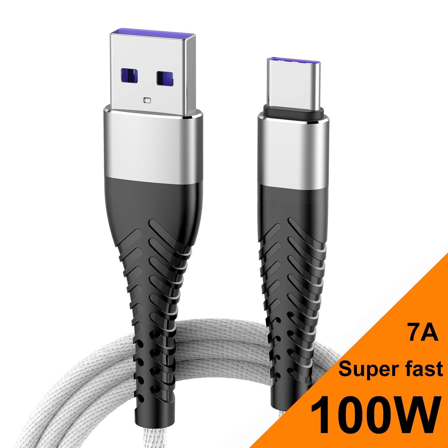 7A 100 Вт USB C-кабель для быстрой зарядки типа C, кабель даты для Samsung Huawei 1m, Белый, White
