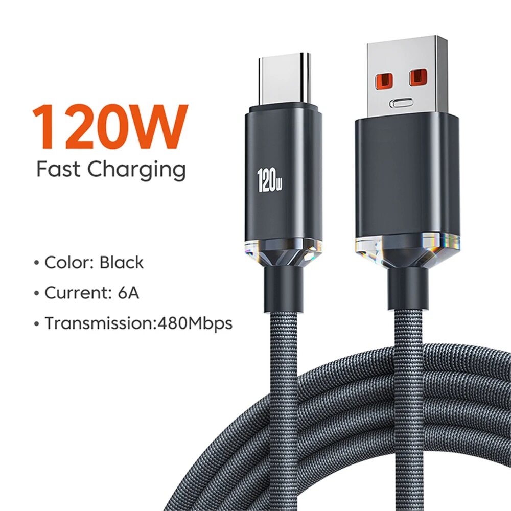 Кабель USB-C 120W 6A, 1м, черный