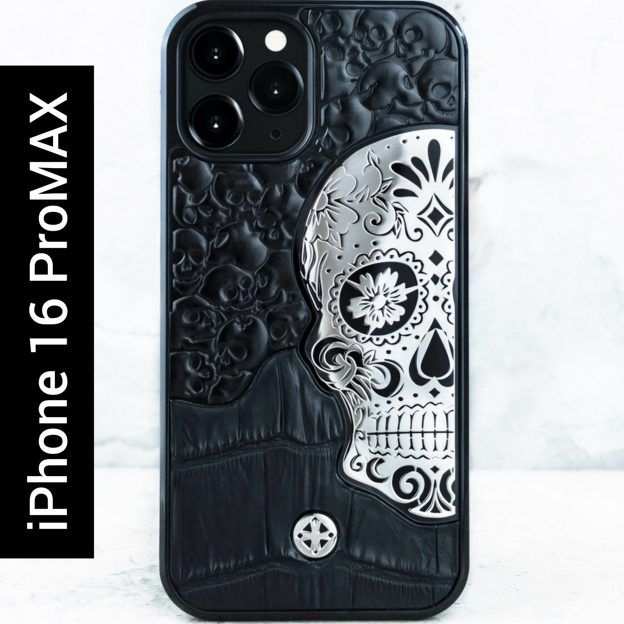 Чехол iPhone 16 Pro Max / Mexican Katrina's Skull LUX Black - Euphoria HM Premium - Мексиканский череп, натуральный крокодил, металл