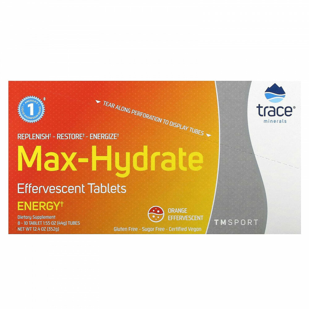 Trace, Шипучие таблетки Max-Hydrate Energy, апельсин, 8–10 таблеток в тюбиках по 44 г (1,55 унции)