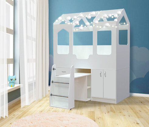 Кровать чердак Домик Сказка с выдвижным столом ДС-14 Белый Белый