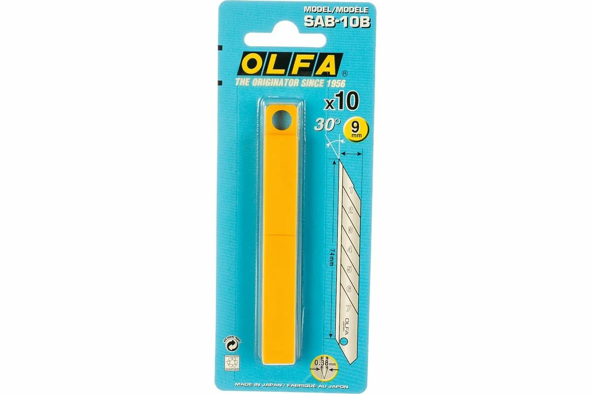 Сегментированные лезвия OLFA 9х80х0.38 мм в пластиковом кейсе + блистер, 10 шт (угол наклона сегмента 30 ), арт. OL-SAB-10B
