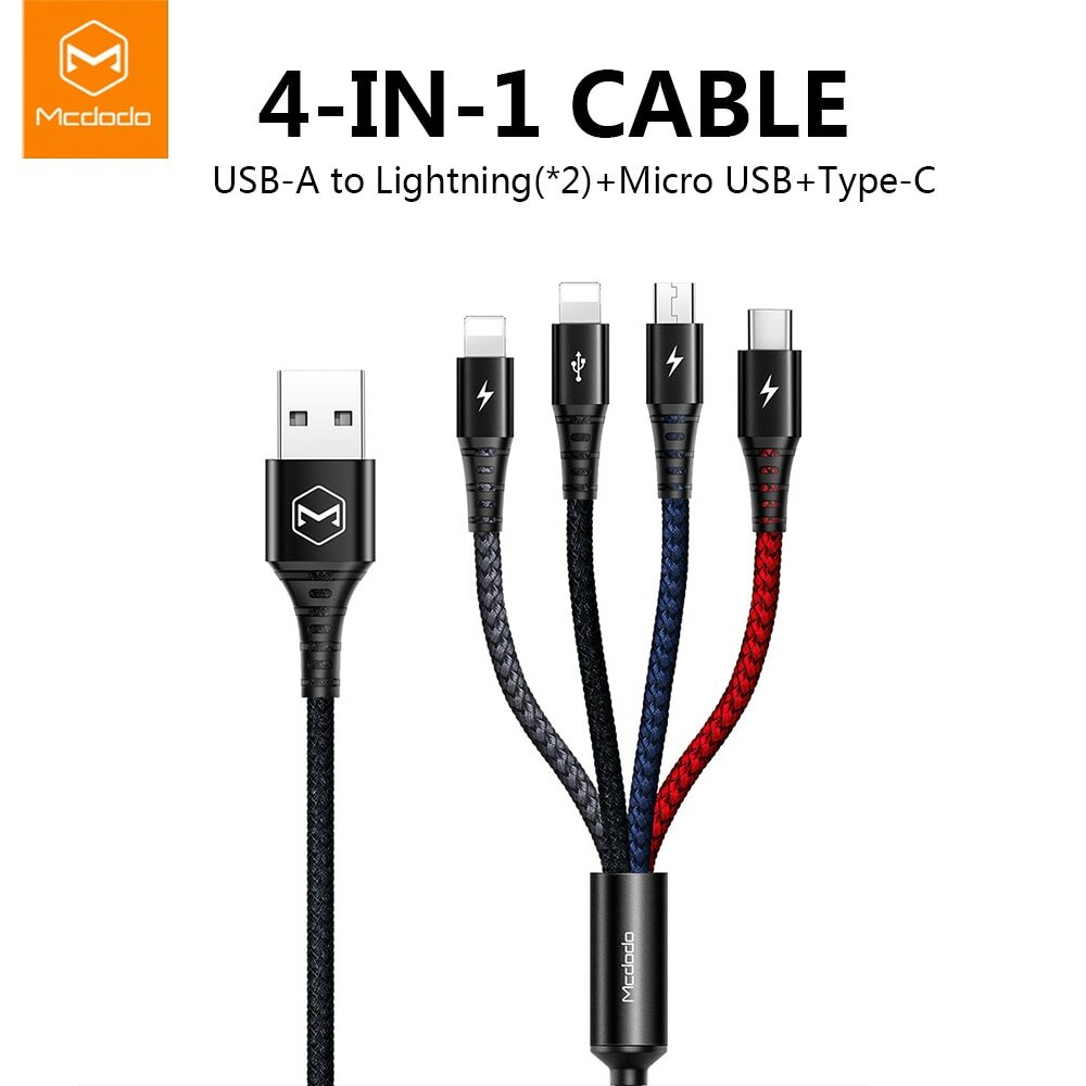 Mcdodo 4 в 1 USB-кабель Micro USB Type C, зарядный кабель для iPhone 14, 13, 12, 11 Pro Max XR, 8, Huawei USB C, кабель