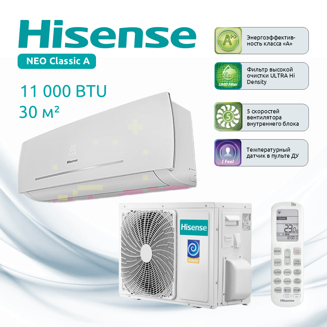 Классический кондиционер Hisense NEO Classic A AS-12HR4RYDDC00 на 3 кВт (до 30 м2), A, белый