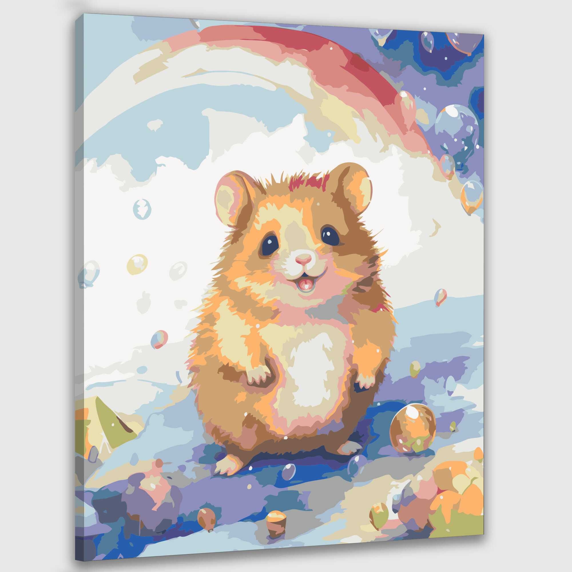 Картина по номерам 40x50 см, хомячок, акварельная иллюстрация, сказочный пейзаж, облака, радуги, пузыри, довольный