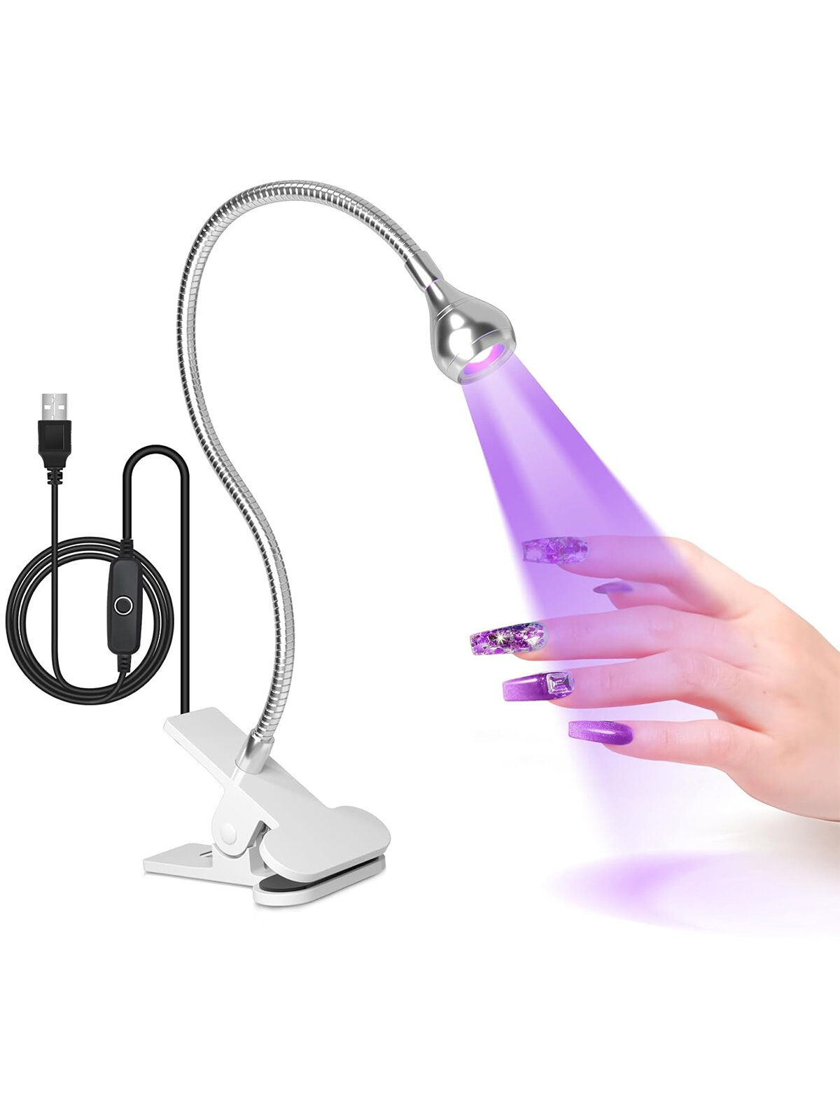 Фонарик для наращивания ногтей белый, на прищепке с USB кабелем