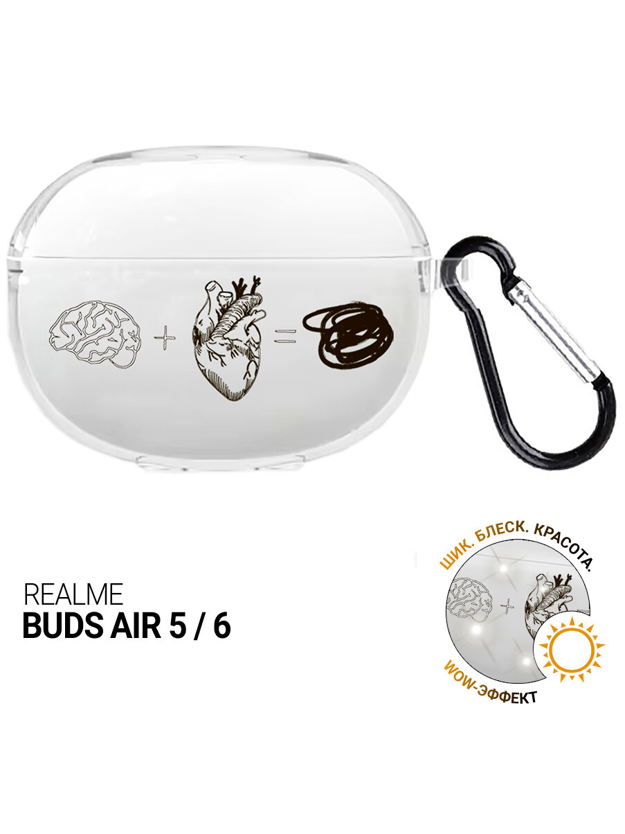 Чехол на Realme Buds Air 5 / 6 с принтом "Мозг плюс сердце" прозрачный