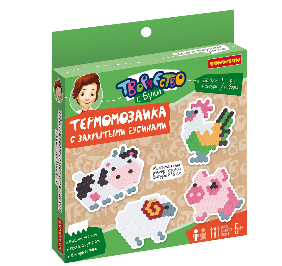 Н-р д/тв-ва BONDIBON. Термомозаика с закрытыми бусинами."Жители фермы", ВВ5331